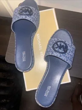 Michael Kors | Shoes | Michael Kors Sadler Wedge Navy Logo Slide ...